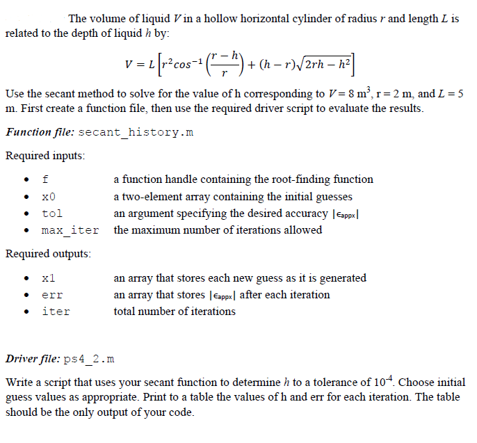 Solved The volume of liquid V in a hollow horizontal | Chegg.com