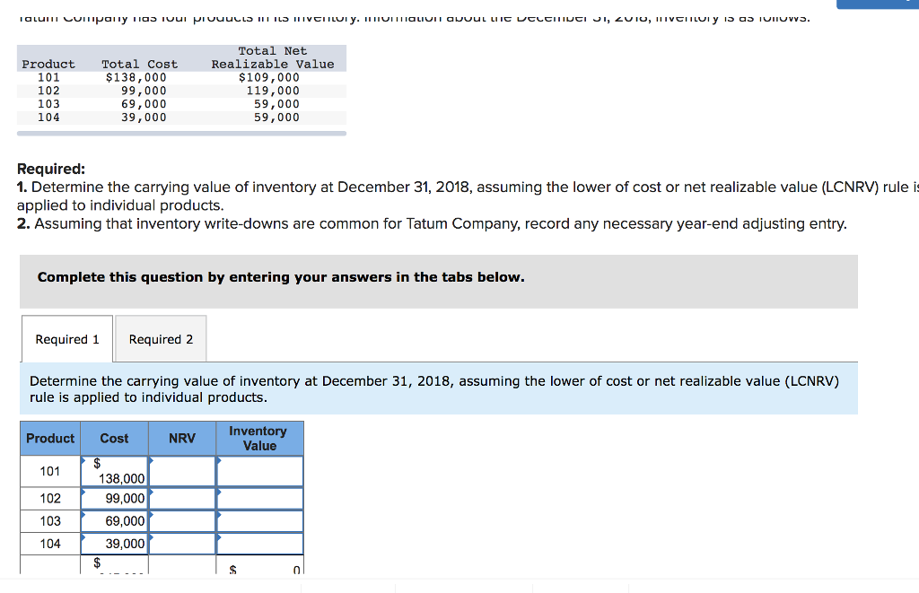 Solved Total Net Realizable Value $109,000 119,000 59,000 | Chegg.com