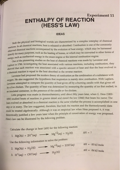 Solved Experiment 11 ENTHALPY OF REACTION (HESS'S LAW) IDEAS | Chegg.com