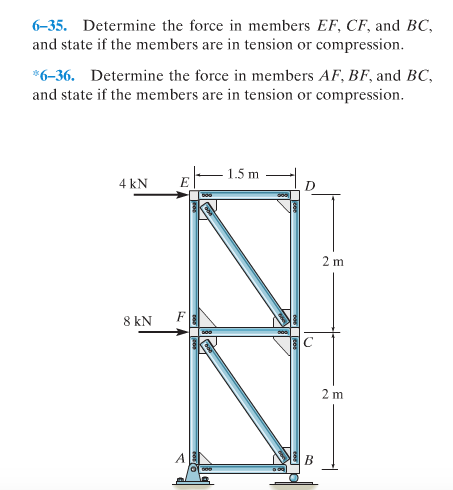 Solved 6-35. Determine the force in members EF, CF, and BC, | Chegg.com
