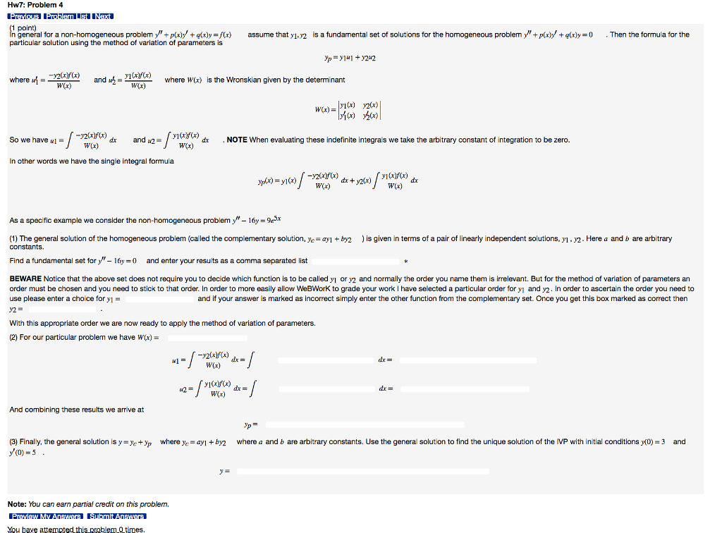 Solved Hw7: Problem4 point) n general for a n s problem y" | Chegg.com