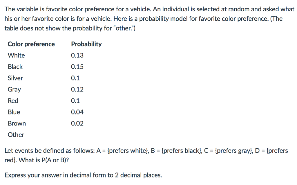 Solved The variable is favorite color preference for a | Chegg.com