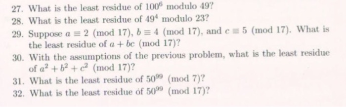 Solved What is the least residue of 10^6 modulo 49? What is | Chegg.com