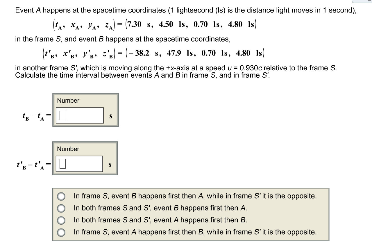 Solved Event A happens at the spacetime coordinates (1 light | Chegg.com