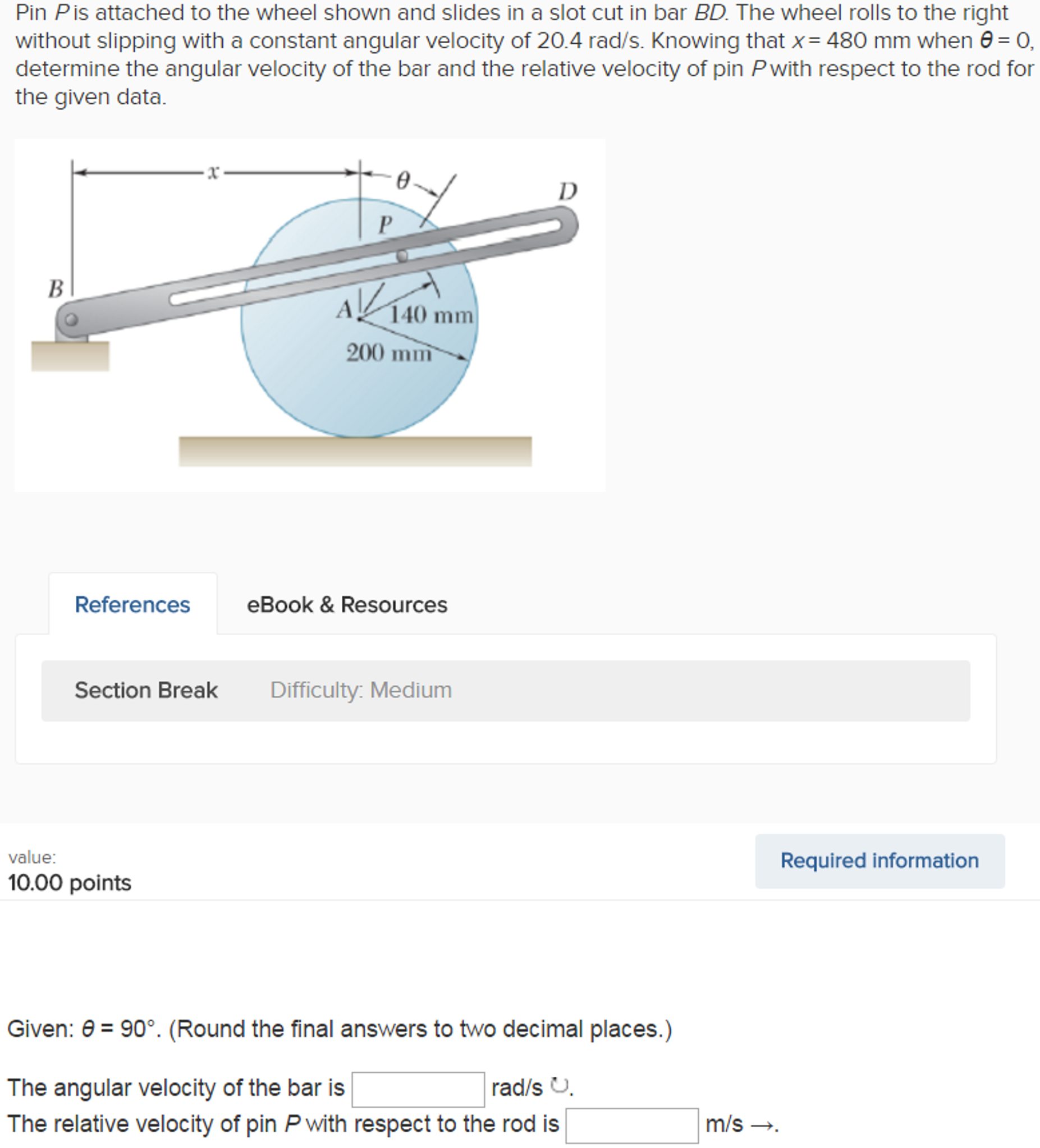 Solved Pin P is attached to the wheel shown and slides in a | Chegg.com