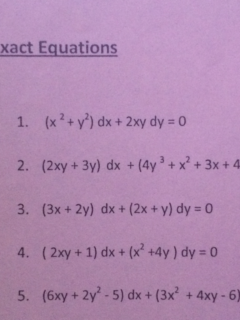 Solved xact Equations 1, (x2+y2) dx + 2xy dy = 0 2. (2xy+3y) | Chegg.com