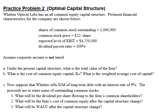 Solved Practice Problem 2 (optimal Capital structure) | Chegg.com