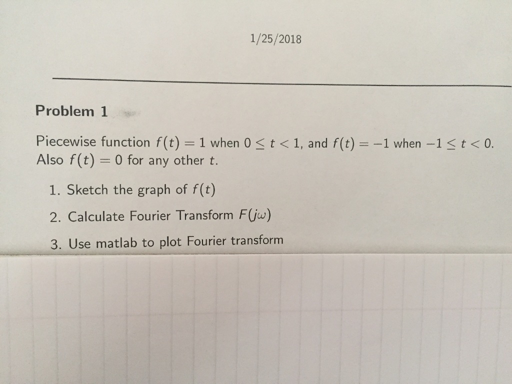 Solved 1/25/2018 Problem 1 Piecewise function f(t) = 1 when | Chegg.com