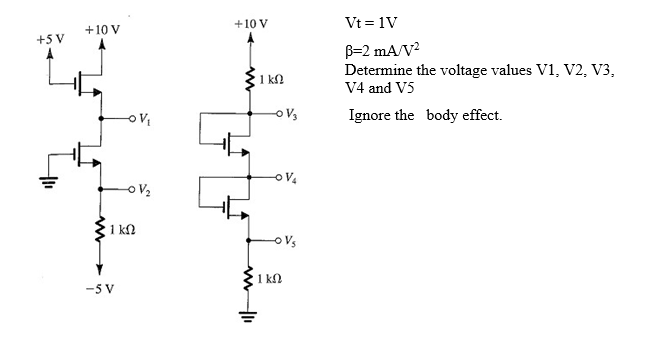 Solved Vt = 1V beta = 2mA/V^2 Determine the voltage values | Chegg.com