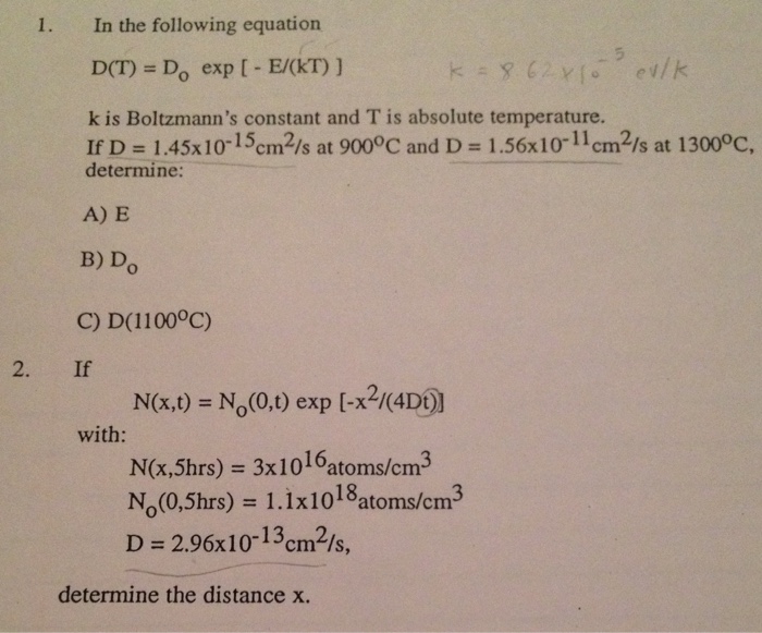 Solved In the following equation D(T) =D0 exp [- E/(kT) ] k | Chegg.com