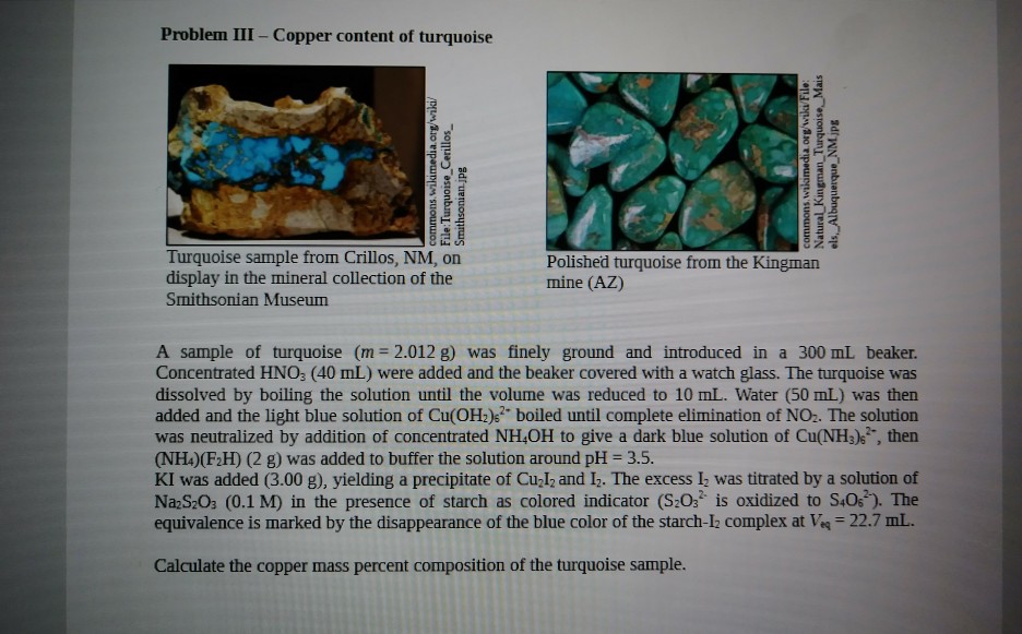 Solved Problem III- Copper content of turquoise Turquoise | Chegg.com