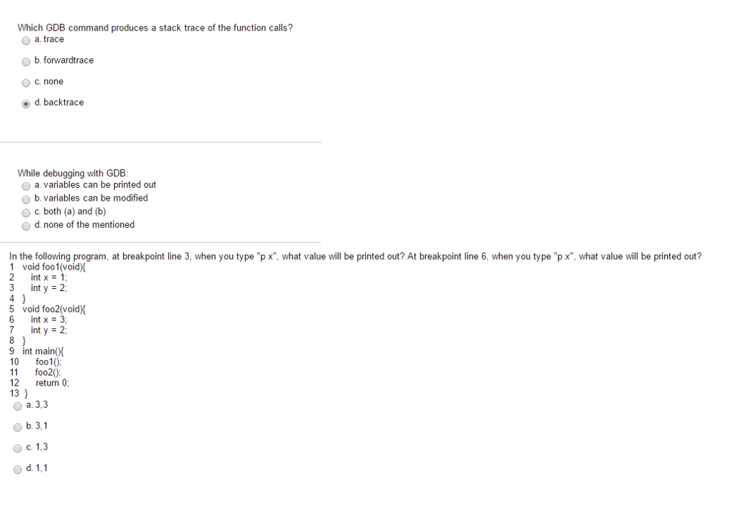 Solved Which GDB command produces a stack trace of the | Chegg.com