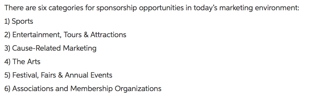 Solved There are six categories for sponsorship | Chegg.com