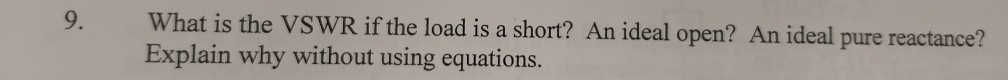 Solved 9. What is the VSWR if the load is a short? An ideal | Chegg.com