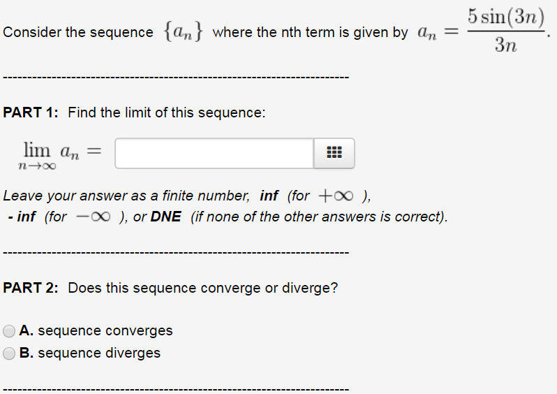 Solved 5 sin(3n) 3n Consider the sequence an} where the nth | Chegg.com