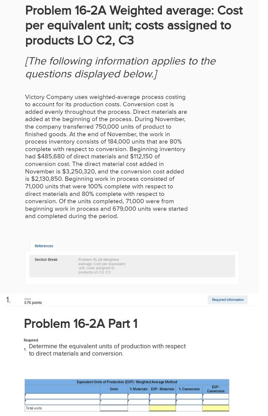 Solved Problem 16-2A Weighted average: Cost per equivalent | Chegg.com