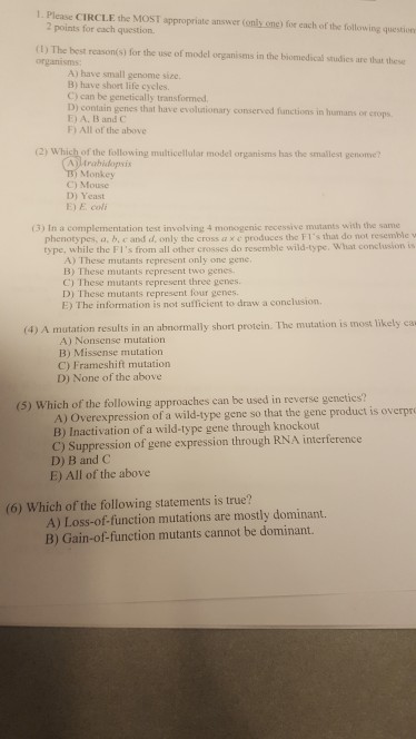 Solved 1. Please CIRCLE the MOST appropriate answer (only | Chegg.com