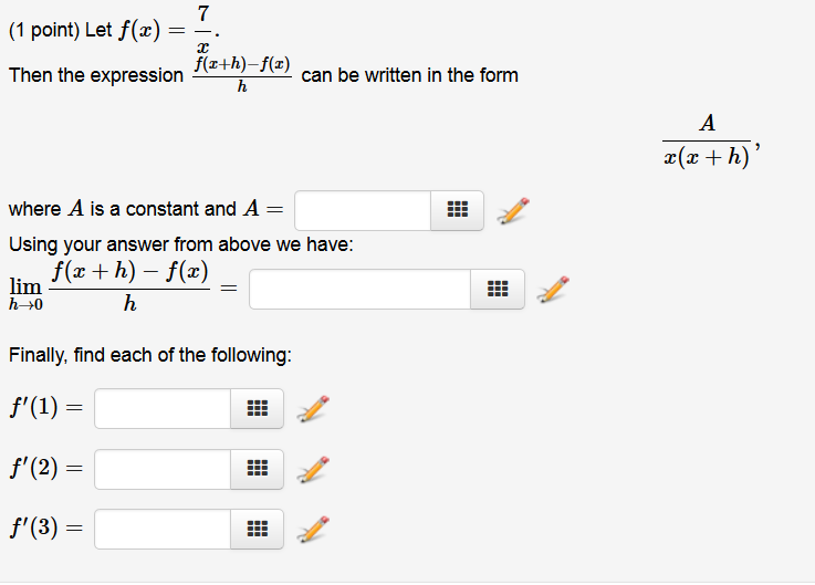 Solved Let f(x) = 7/x. Then the expression f(x+h)-f(x)/h | Chegg.com Solved Let f(x) = 7/x. Then the expression f(x+h)-f(x)/h | Chegg.com