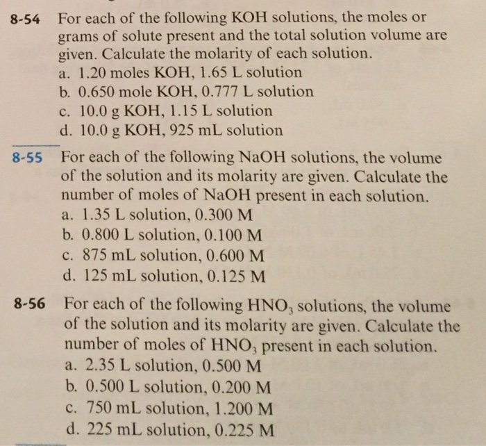 Solved For each of the following KOH solutions, the moles or | Chegg.com