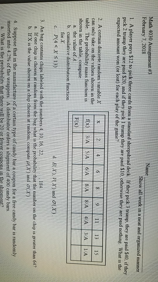 Solved Math 4030 Assignment #3 February 7, 2018 Name Show | Chegg.com