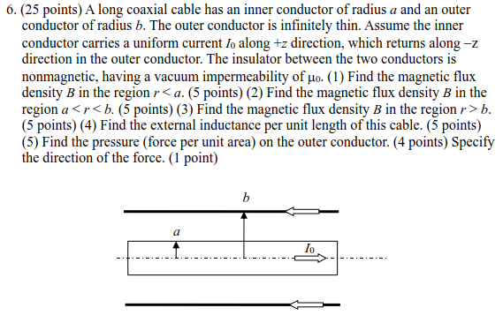 Solved 6. (25 points) A long coaxial cable has an inner | Chegg.com