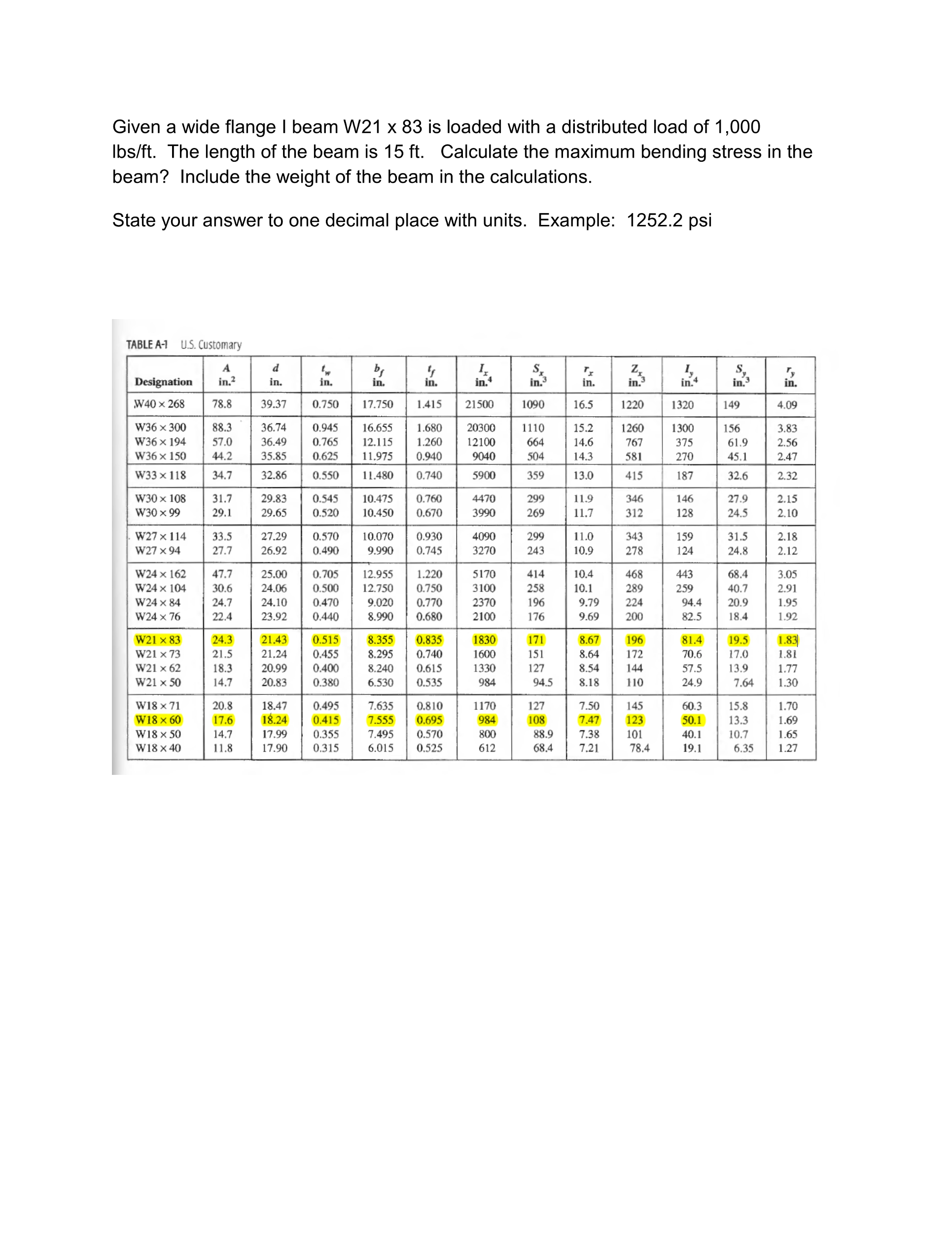 Solved Given a wide flange l beam W21 x 83 is loaded with a | Chegg.com
