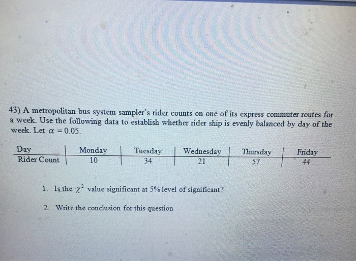 Solved 43) A metropolitan bus system sampler's rider counts | Chegg.com