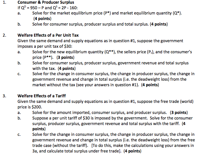 Solved 1. Consumer & Producer Surplus If QD = 950 – P and QS | Chegg.com