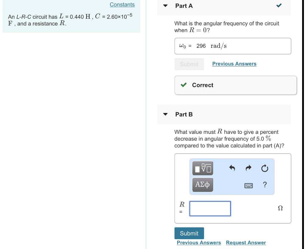 Solved Constants Part A An L-R-C circuit has L 0.440 H, C F | Chegg.com