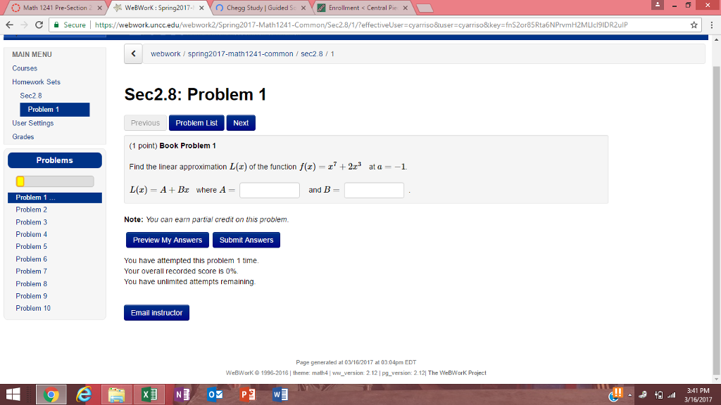 Solved Math 1241 Pre-section 2 x WeBWork: Spring2017- x O | Chegg.com