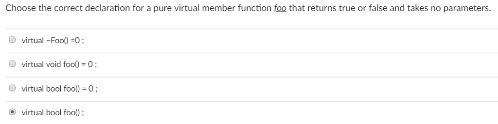 Solved Choose the correct declaration for a pure virtual | Chegg.com