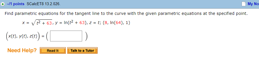 Solved -/1 points SCalcET8 13.2.026 My No Find parametric | Chegg.com