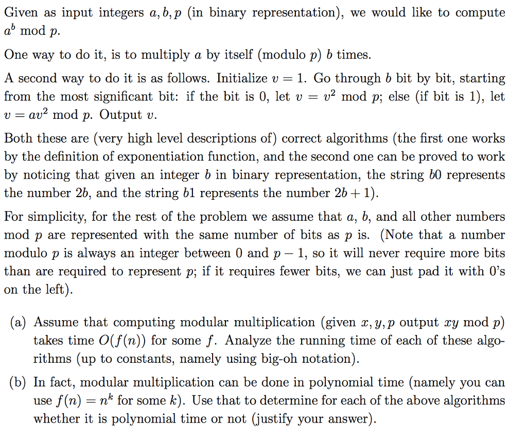 Given as input integers a, b, p (in binary | Chegg.com