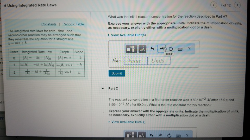 Solved く) 7of12 (2) ± Using Integrated Rate Laws Part A | Chegg.com