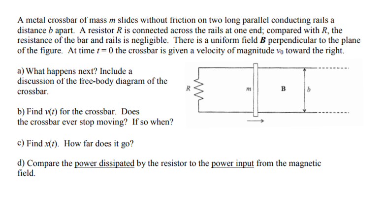 Solved A metal crossbar of mass m slides without friction on | Chegg.com