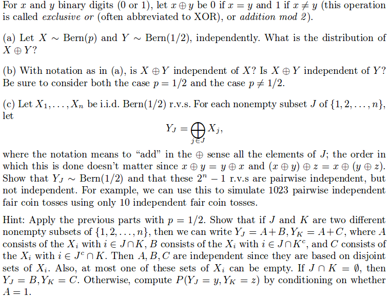 For X And Y Binary Digits 0 Or 1 Let X㊥y Be 0 If X 
