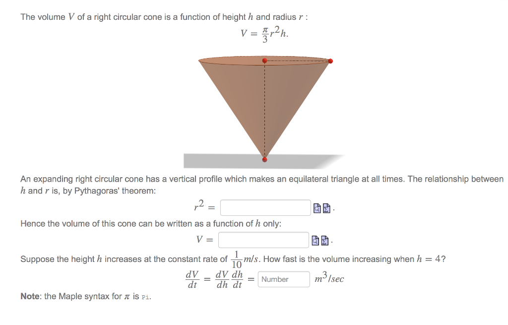 Solved The volume V of a right circular cone is a function | Chegg.com