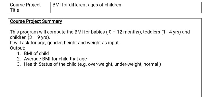 Solved write a BMI calculator for different ages of children | Chegg.com