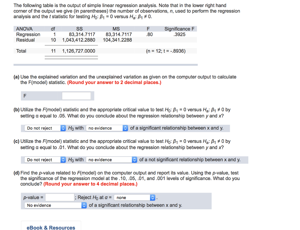 Solved The following table is the output of simple linear | Chegg.com