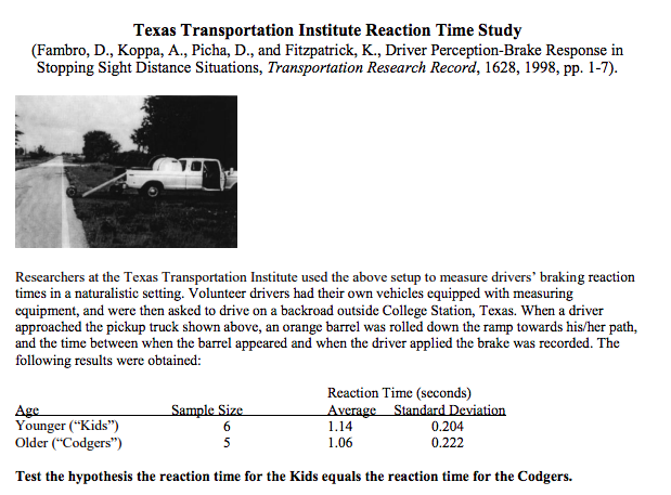 Solved Texas Transportation Institute Reaction Time Study | Chegg.com