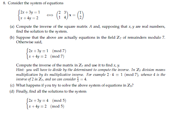 Solved Consider the system of equations {2x + 3y = 1 x + | Chegg.com