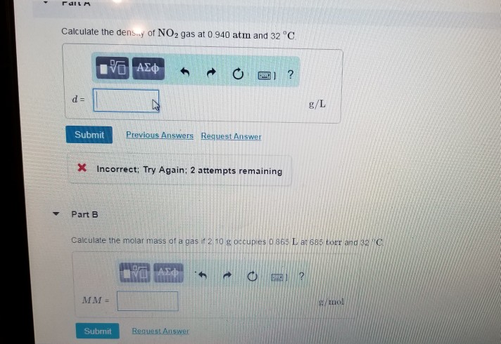 Solved Calculate the dens.uy of NO2 gas at 0 940 atm and 32 | Chegg.com