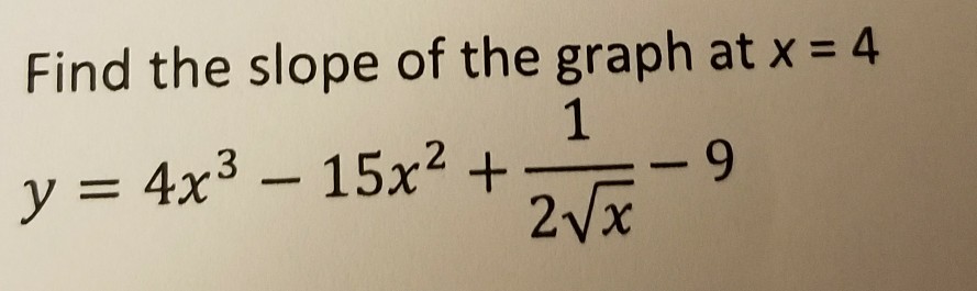 Solved Find the slope of the graph at x = 4 y=4x3-15x2 + | Chegg.com
