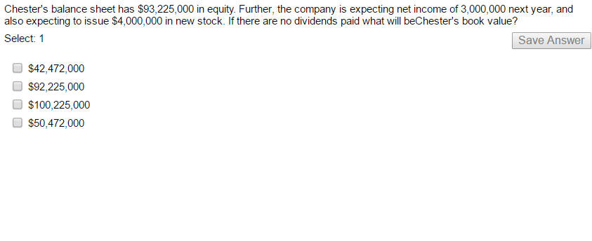 Solved Chester's balance sheet has $93, 225,000 in equity. | Chegg.com
