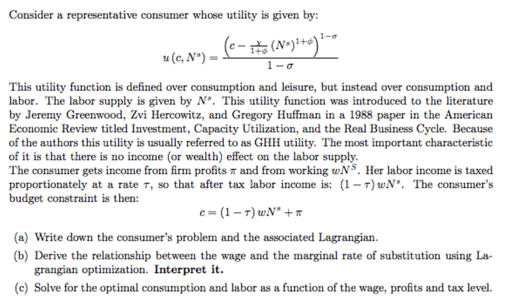 Solved Consider a representative consumer whose utility is | Chegg.com