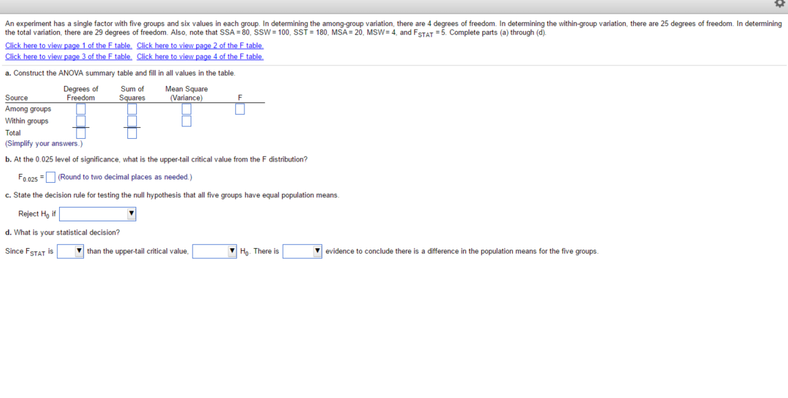Solved An experiment has a single factor with five groups | Chegg.com