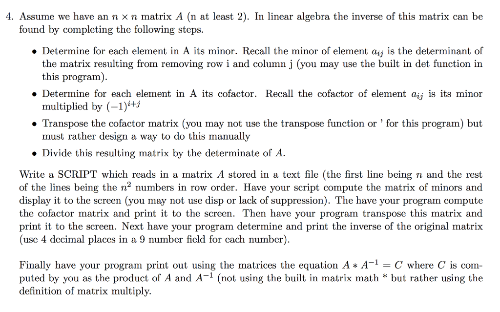 Solved MATLAB: Assume we have an n × n matrix A (n at | Chegg.com