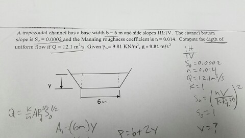 Solved A trapezoidal channel has a base width b = 6 m and | Chegg.com