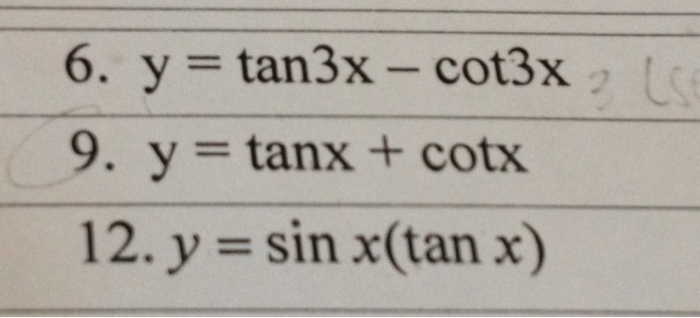 Solved 6. y=tan3x ? cot3x 9. y=tanx + cotx 12. y= sin x(tan | Chegg.com
