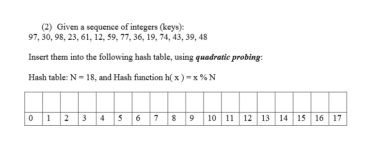 Solved (2) Given a sequence of integers (keys): 97, 30, 98, | Chegg.com